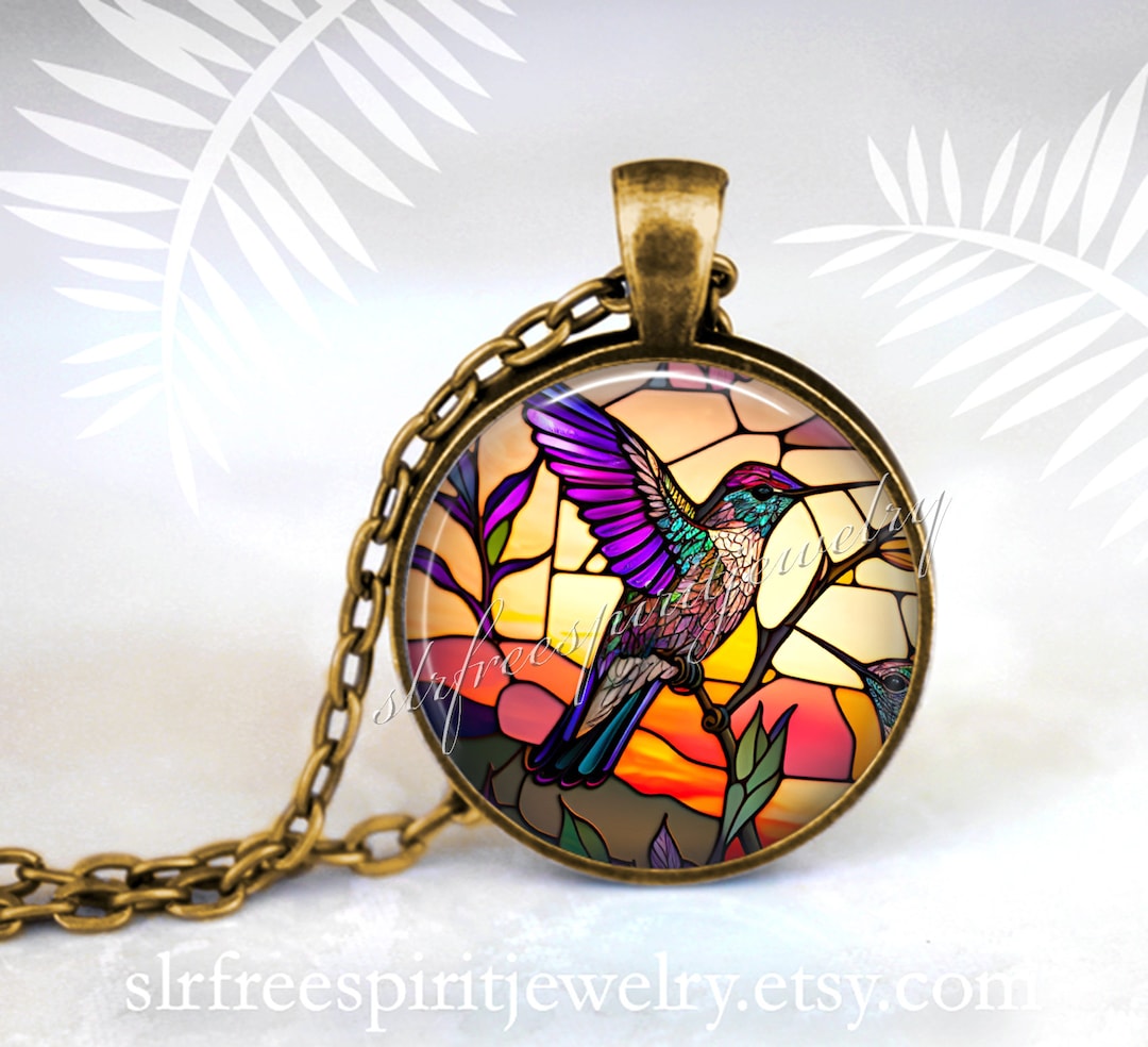 Hummingbird Necklace, Circle Pendant, Birding, Tropical Flowers ...