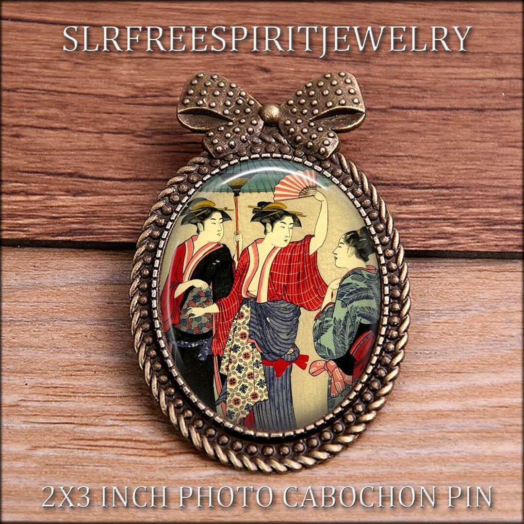 Japanese Woodcut Brooch, Geisha Women Oval Brooch, Large Pin, Japanese ...