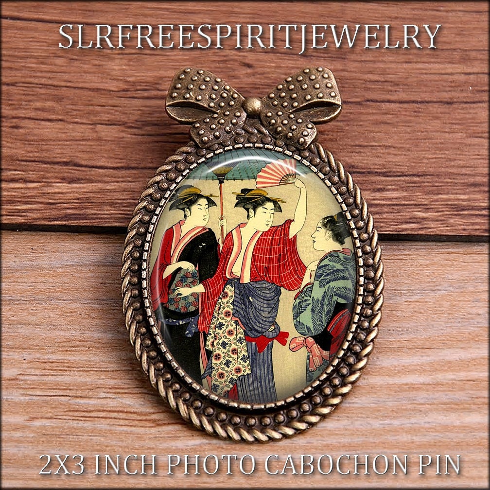 Japanese woodcut Brooch Geisha Women Oval Brooch Large Pin | Etsy