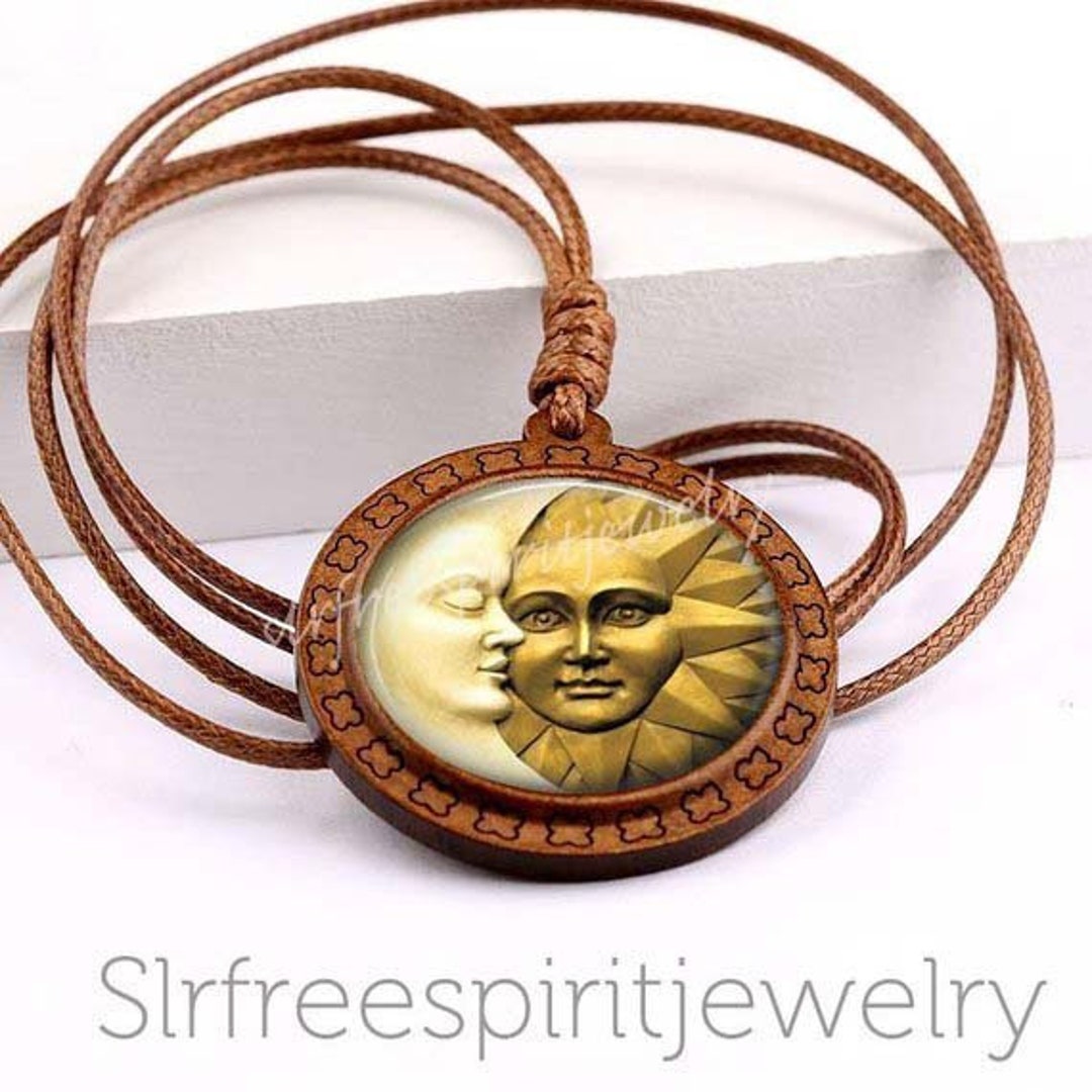 Celestial Necklace, Moon and Sun Necklace, Wooden Pendant, Bohemian ...