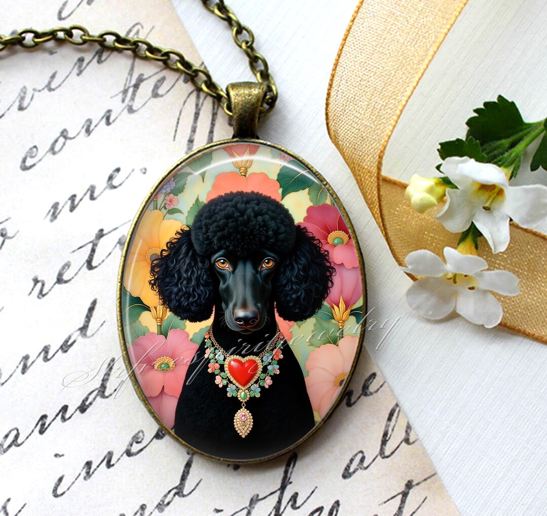 Poodle Art Necklaces, Oval Pendant With Chain, Gray, White or Black ...