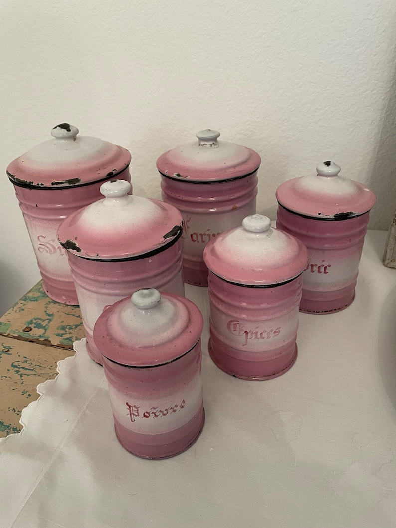 Vintage French Pink Enamelware Canister Set - Etsy