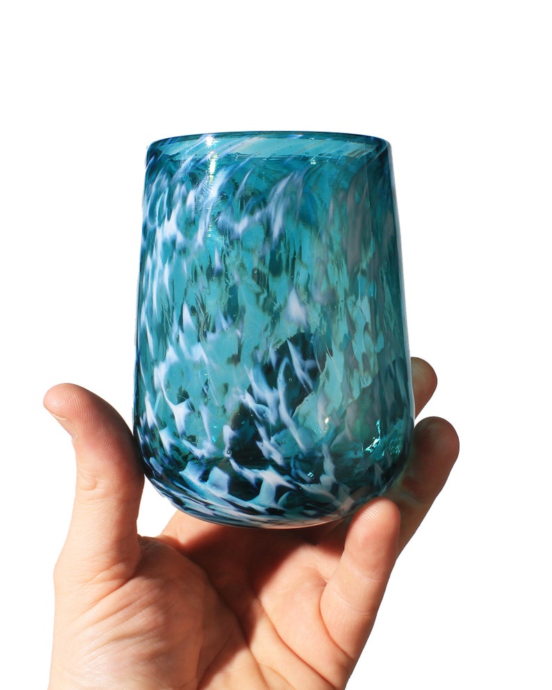 Stemless Wine Glass Teal Decor Bar Ts Blown Glass Art Etsy