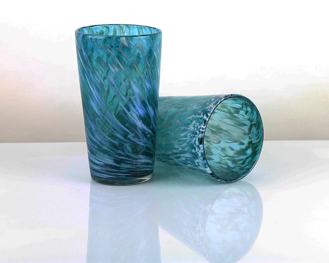 Pint Glass- Hand Blown - Drinking Glass -white Wisp- Table Glass - Blue ...