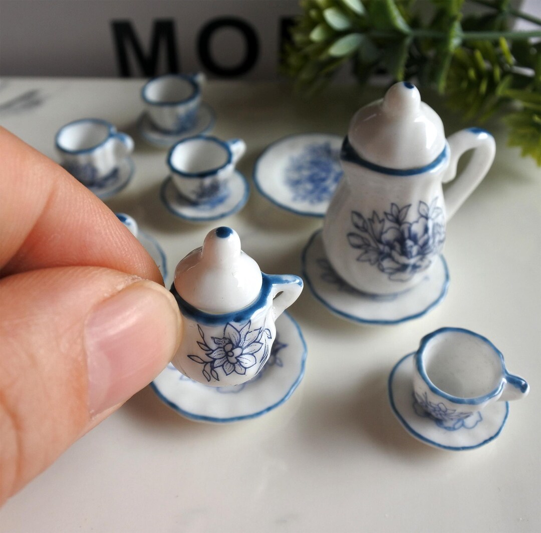 Miniature Ceramic Tea Set: Sky-blue Floral Dollhouse Kitchen (15 PCS ...