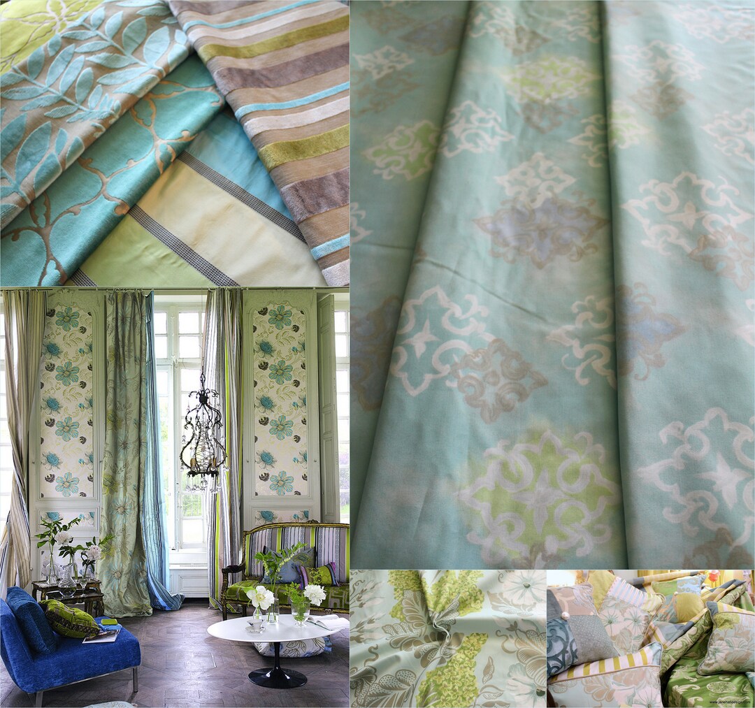 Designers Guild Fabric Aqua Blue Green Cotton Print Curtain - Etsy