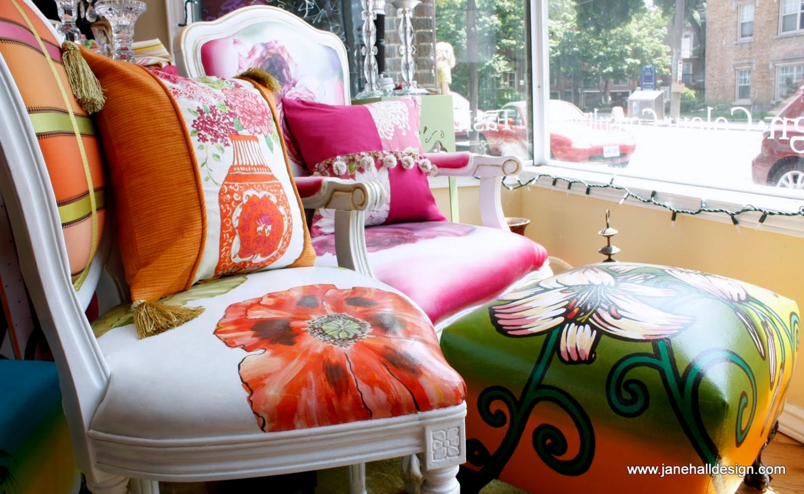 Eclectic Style Upholstered Hand Painted Bergere Arm Chairs, in Pink and ...