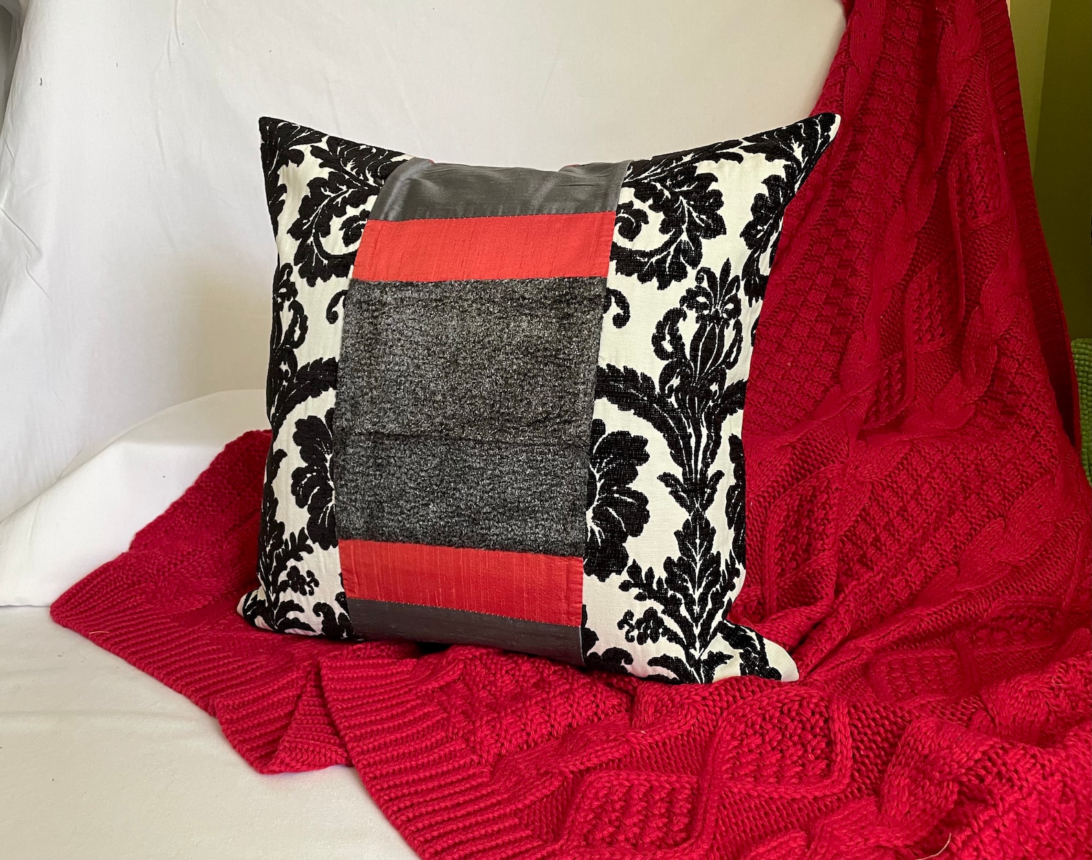 12”x 18” Jab, Quilted Decorative Pillows, Black, and White and Red, Jab Woven Silk Jacquard ...