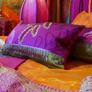 6 PC, Bohemian Style, Magenta Orange and Gold Silk Sari Bedding Set ...