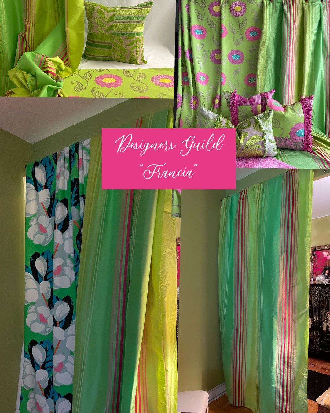 Designers Guild, francia Lime Green and Pink, Silk Stripe Curtain ...