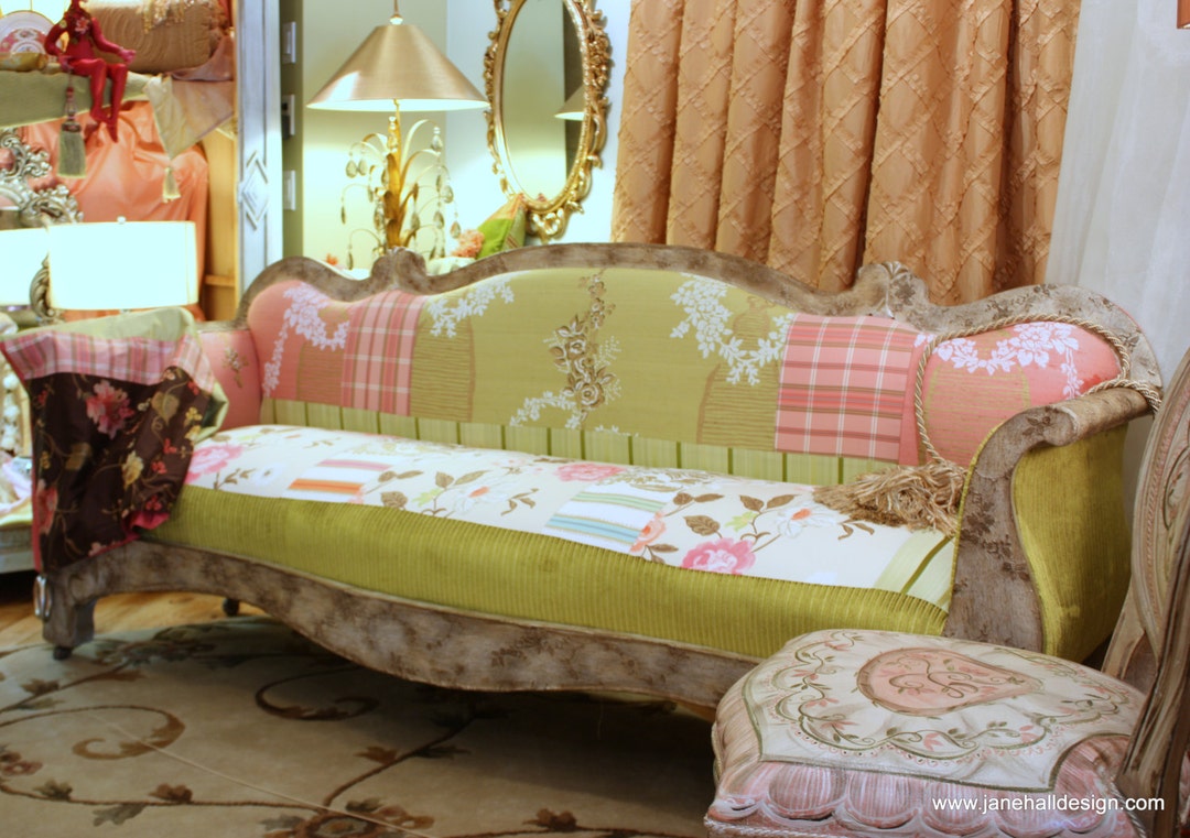 Upcycled Antique Sofa: Pink & Green Velvet, Silk, Cotton Quilted Fabric ...
