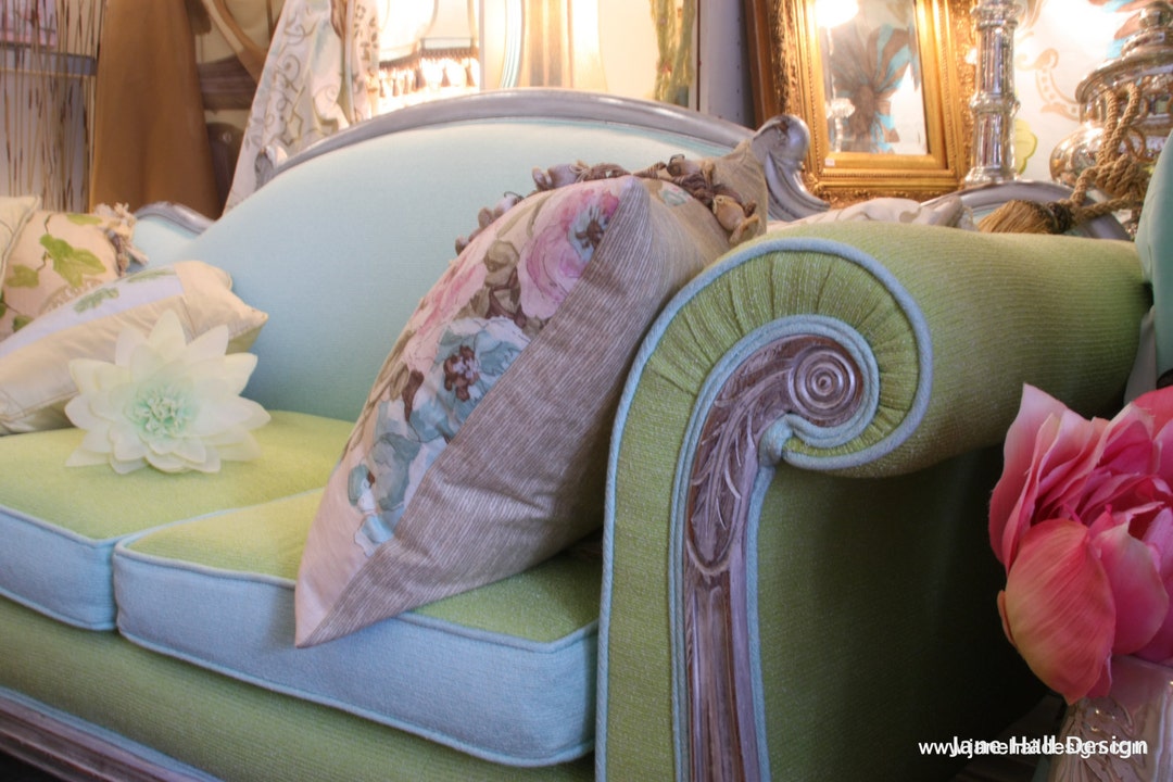 Upcycled Antique Upholstered Sofa in Turquoise and Green - Etsy