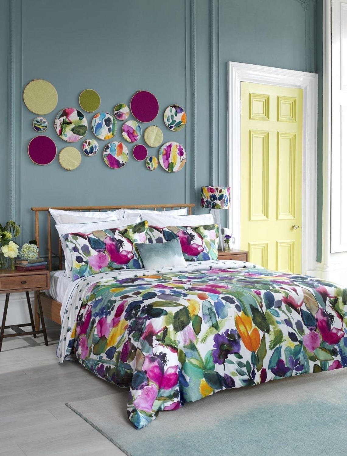 Bluebellgrey Fabric-teal- Green-magenta, Printed Linen Curtain Fabric ...