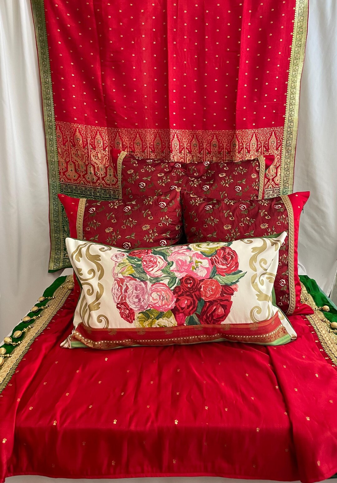 Bohemian Bedding Set: Embroidered Silk Sari Pillows & Tapestry ...