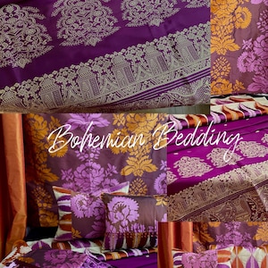 6 PC, Bohemian Style, Magenta Orange and Gold Silk Sari Bedding Set ...