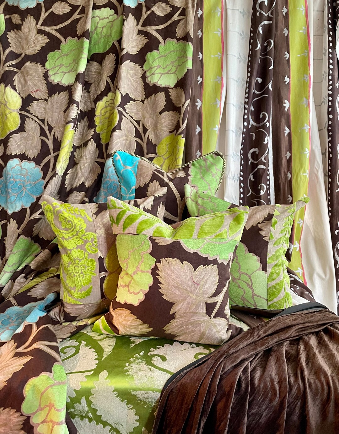 Designers Guild Linen Fabric: Aqua Blue & Green Floral - Samarkand ...