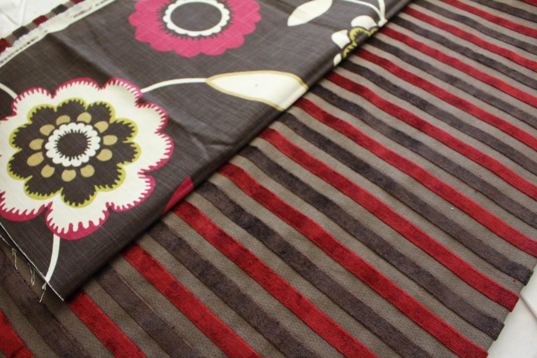 Maxwell Fabrics-red and Brown Striped Cut Velvet Upholstery Fabric ...