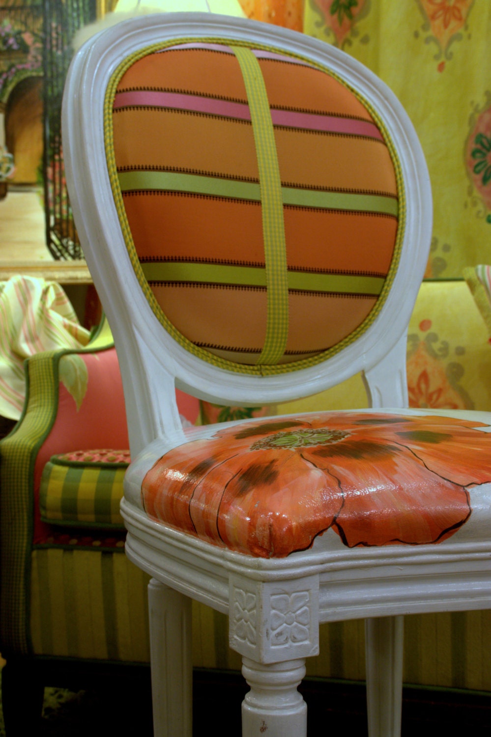 Eclectic Style Upholstered Hand Painted Bergere Arm Chairs, in Pink and ...
