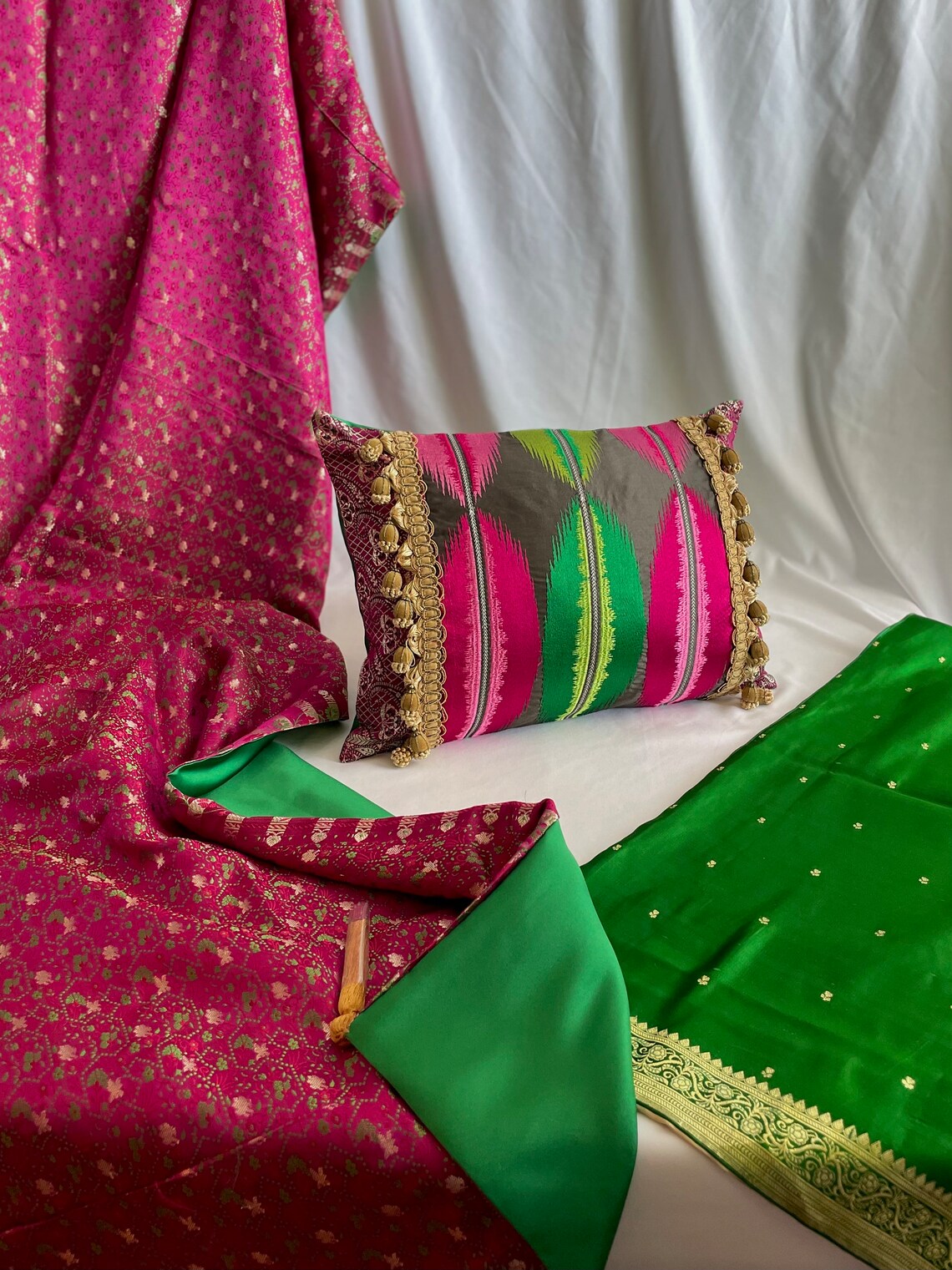 6 PC, Bohemian Style, Magenta and Emerald Green,embroidered Silk Satin ...