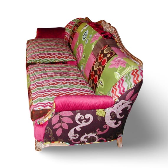 Designers Guild bohemian Style upcycled upholstered 1920s Vintage Sofa Pink and Green Quilted Fabrics by Jane Hall Design Etsy