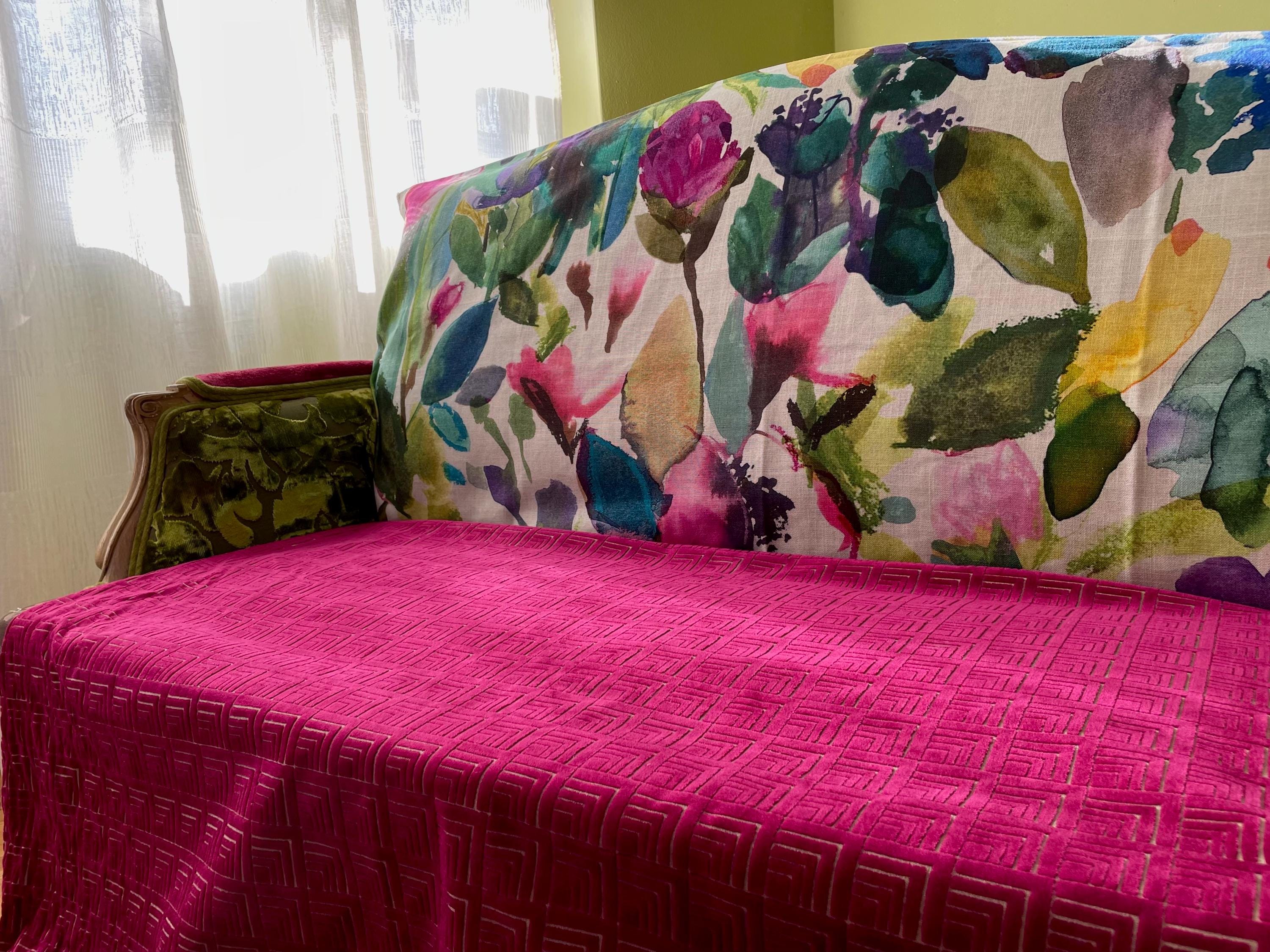 Bluebellgrey Fabric-teal- Green-magenta, Printed Linen Curtain Fabric ...
