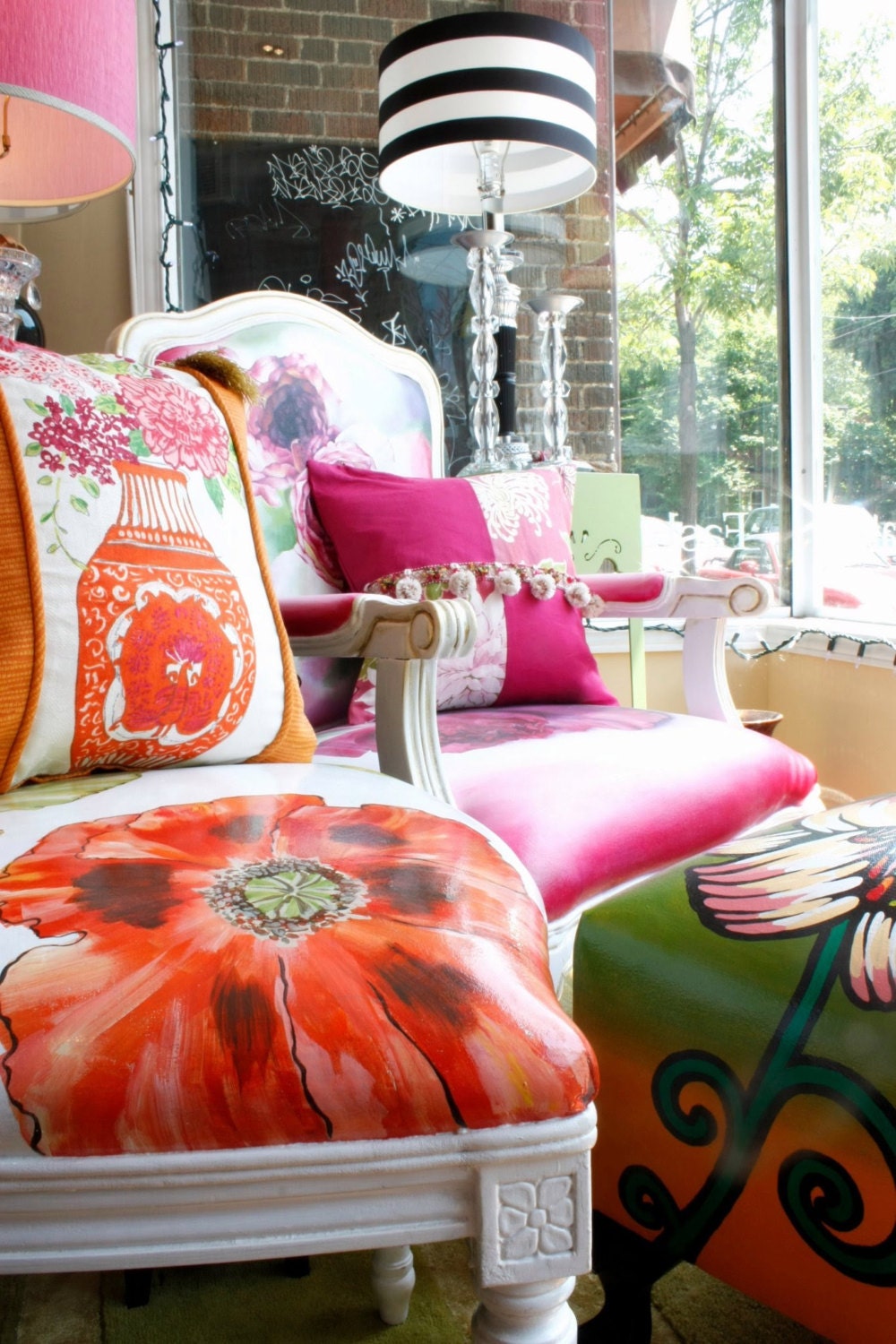Eclectic Style Upholstered Hand Painted Bergere Arm Chairs, in Pink and ...
