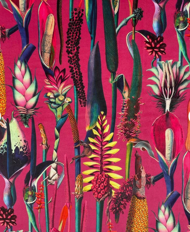 Botanical, Floral Printed Velvet , Black Pink Green From Jane Hall ...