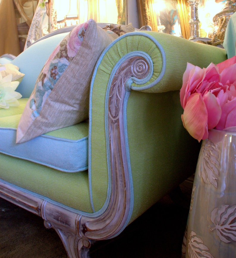 Upcycled, Antique Upholstered Sofa, in Turquoise and Green Designers ...