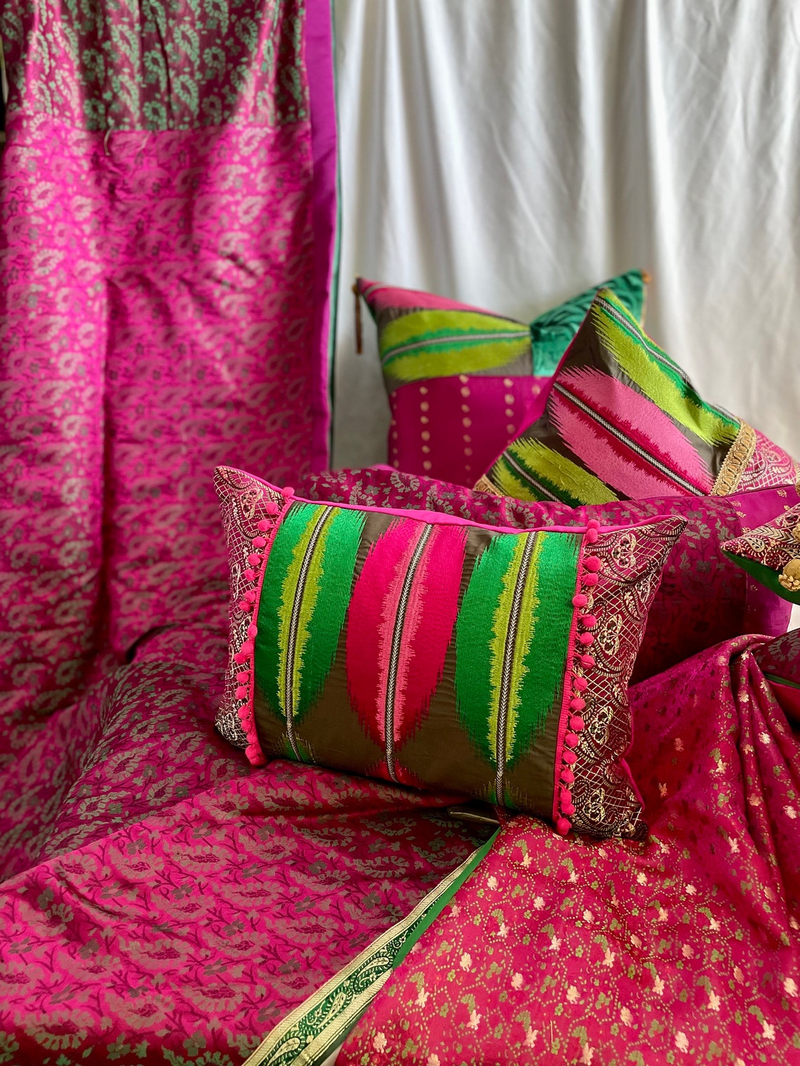 6 PC, Bohemian Style, Magenta and Emerald Green,embroidered Silk Satin ...