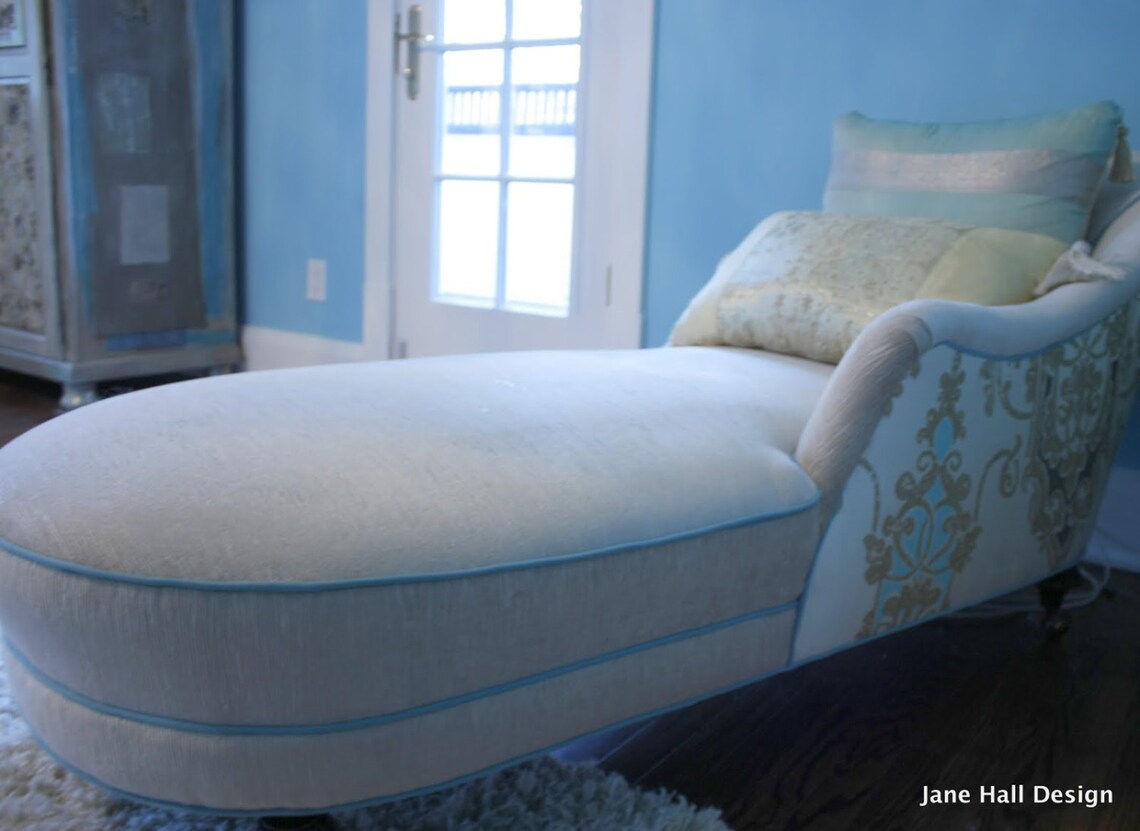 Upcycled, Upholstered- 1940's Chaise Lounge- Aqua Blue- Beige ...