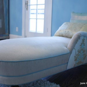 Upcycled, Upholstered- 1940's Chaise Lounge- Aqua Blue- Beige ...