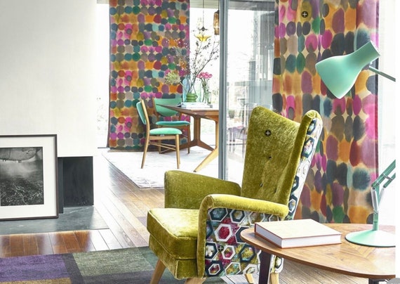 Designers Guild sashi Saffron Magenta Teal Gold and Green Printed Cotton Polka Dot Upholstery Curtain Fabric From Jane Hall Design Etsy Ireland