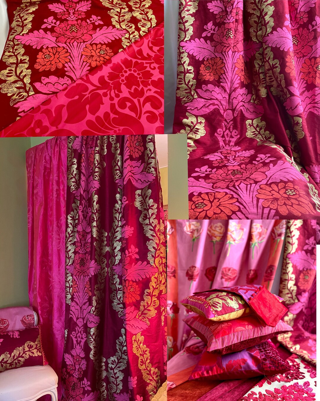 Designers Guild, Pink and Cherry Red Silk, Curtain, Upholstery Fabric ...