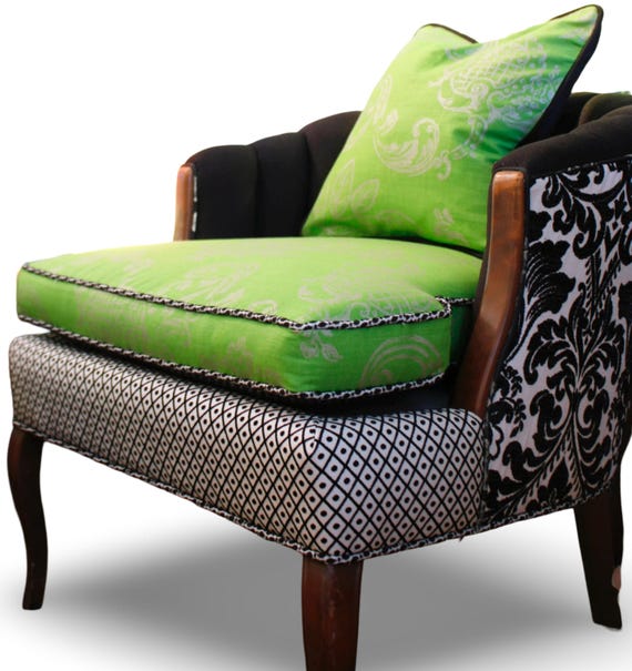 Upcycled Upholstered Vintage Tub Chair in Black White and Green Designers Guild Fabric by Jane Hall Design Etsy