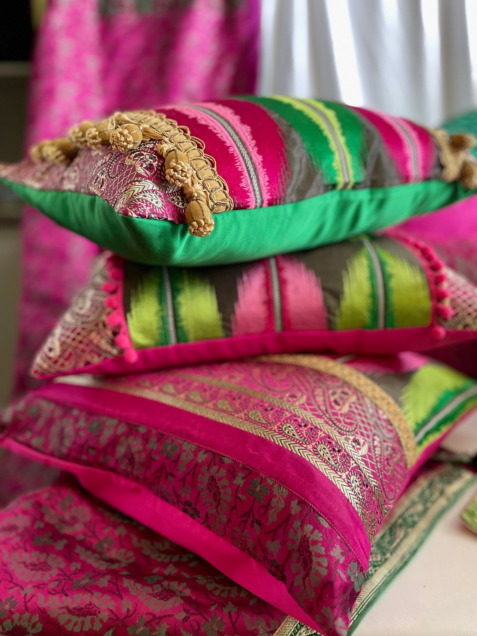 6 PC, Bohemian Style, Magenta and Emerald Green,embroidered Silk Satin ...