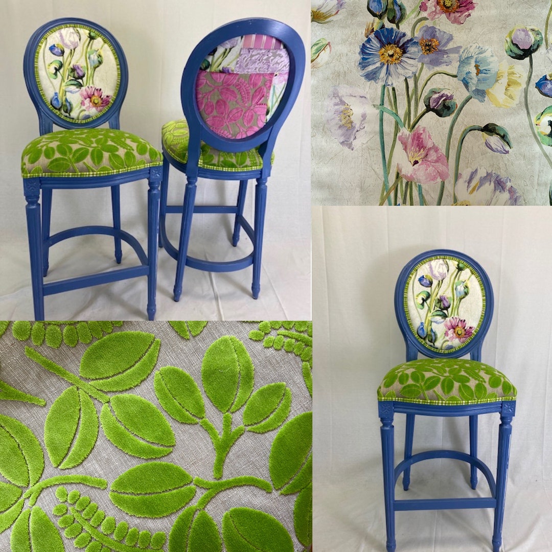 Italian Carved Wood Counter Stool, Upholstered in Designers Guild ...