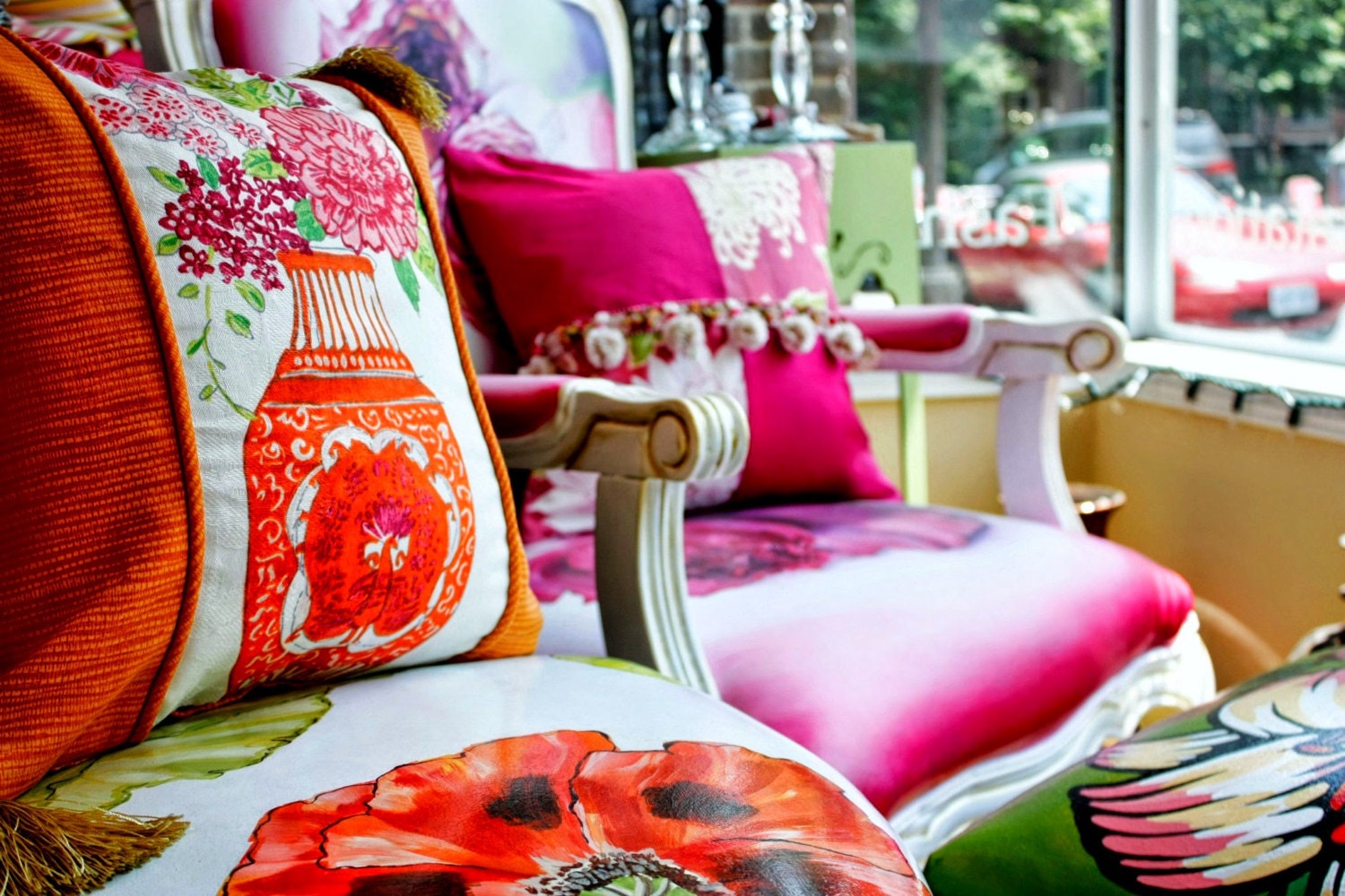 Eclectic Style Upholstered Hand Painted Bergere Arm Chairs, in Pink and ...