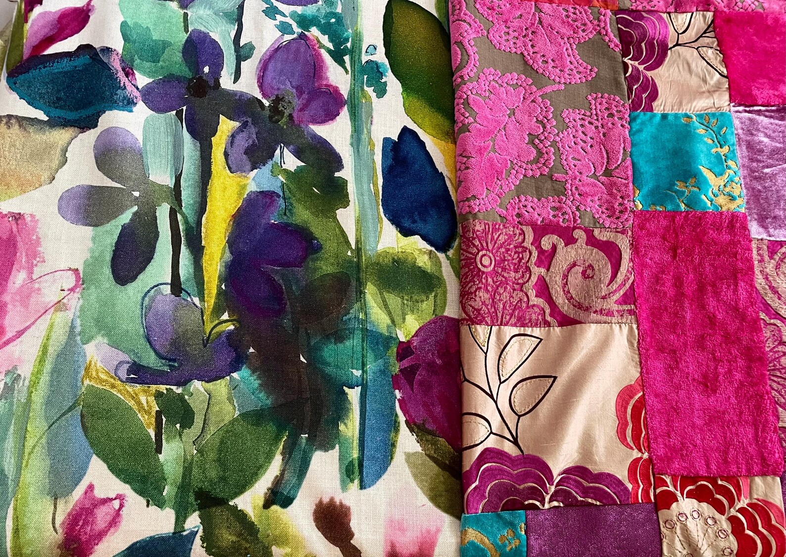 Bluebellgrey Fabric-teal- Green-magenta, Printed Linen Curtain Fabric ...