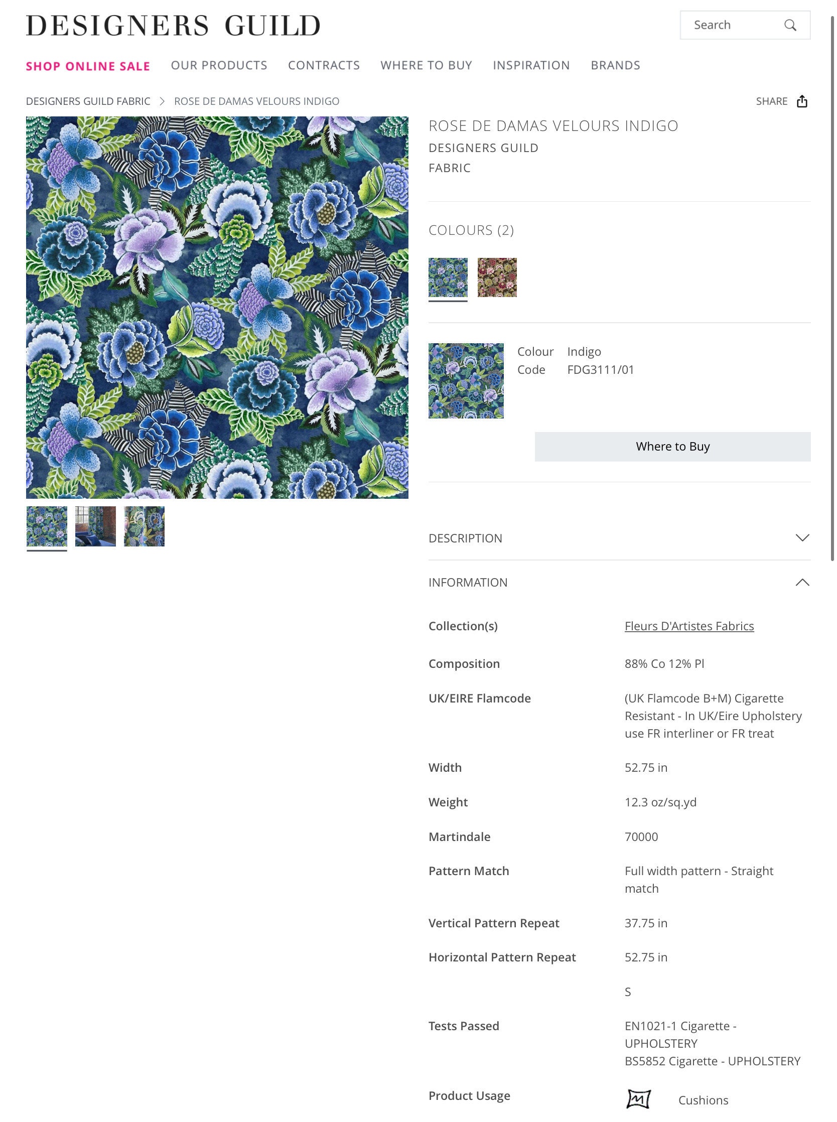 Designers Guild “rose De Damas- Indigo ” Printed Velvet - Upholstery ...