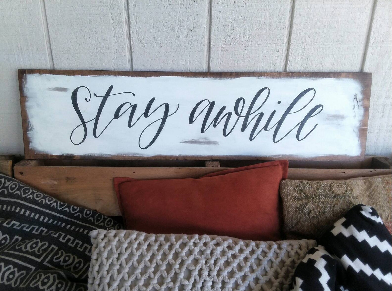 Large Wood Sign // Stay Awhile // Farmhouse Rustic Living Room | Etsy
