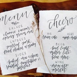 Cotton Paper Lettered Food Menu // Dinner and Drinks // Wedding Decor ...
