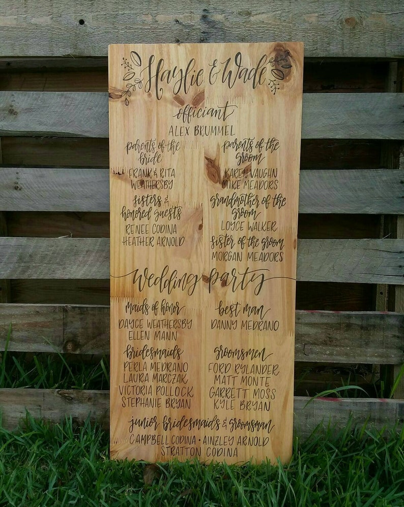 Hand Lettered Wedding Party Program // Wood Wedding Decor // | Etsy Hand Lettered Wedding Party Program // Wood Wedding Decor // | Etsy
