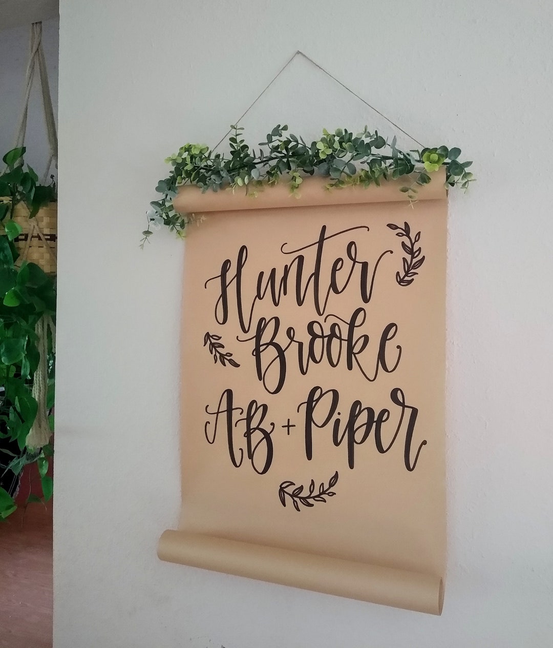 Personalized Brown Paper Scroll // First Names Family Sign // Hanging ...