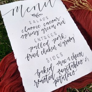 Cotton Paper Lettered Food Menu // Dinner and Drinks // Wedding Decor ...