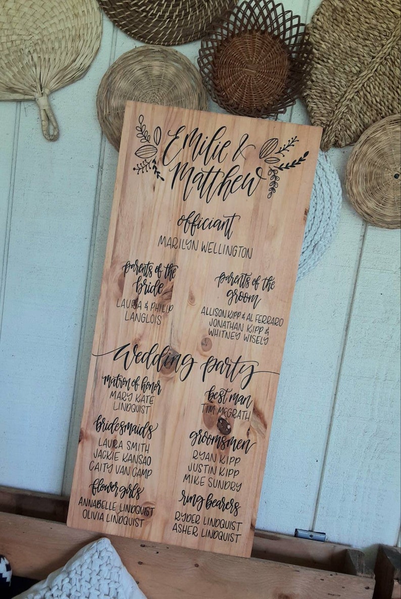 Hand Lettered Wedding Party Program // Wood Wedding Decor // | Etsy Hand Lettered Wedding Party Program // Wood Wedding Decor // | Etsy