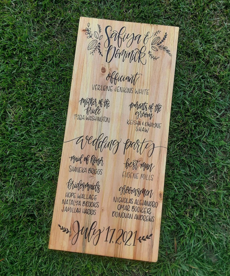 Hand Lettered Wedding Party Program // Wood Wedding Decor // | Etsy Hand Lettered Wedding Party Program // Wood Wedding Decor // | Etsy