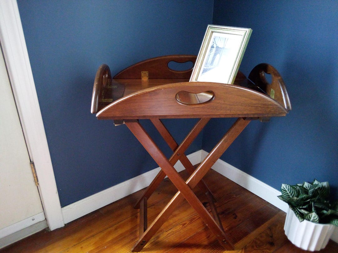 Vintage Wooden Butler's Tray With Folding Stand L Solid Wood With Brass ...