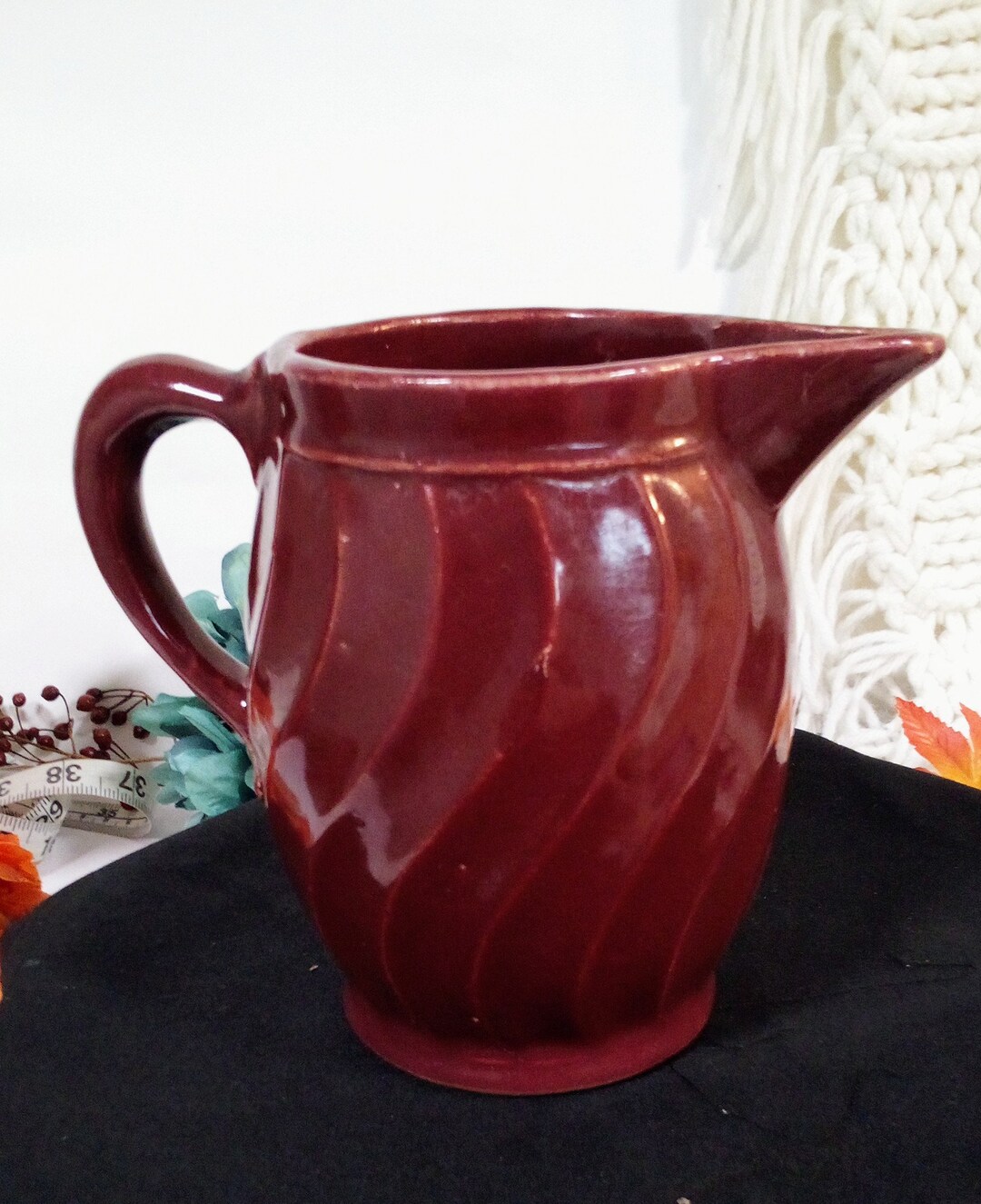 Vintage Red Pottery Pitcher With Swirl Design and Applied Handle L ...