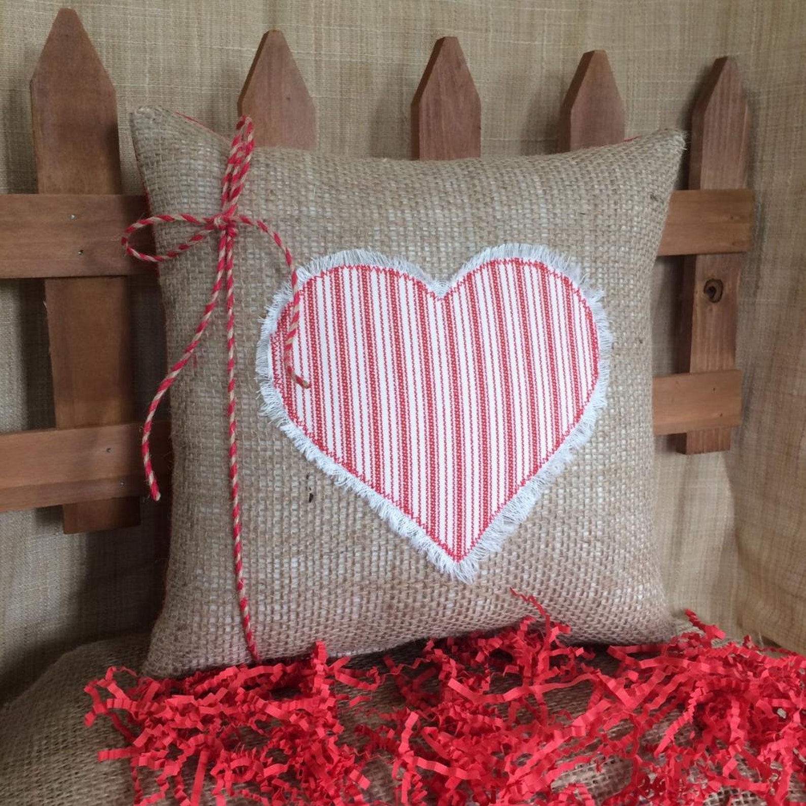 Red Ticking Valentine Heart Pillownatural Burlap and - Etsy