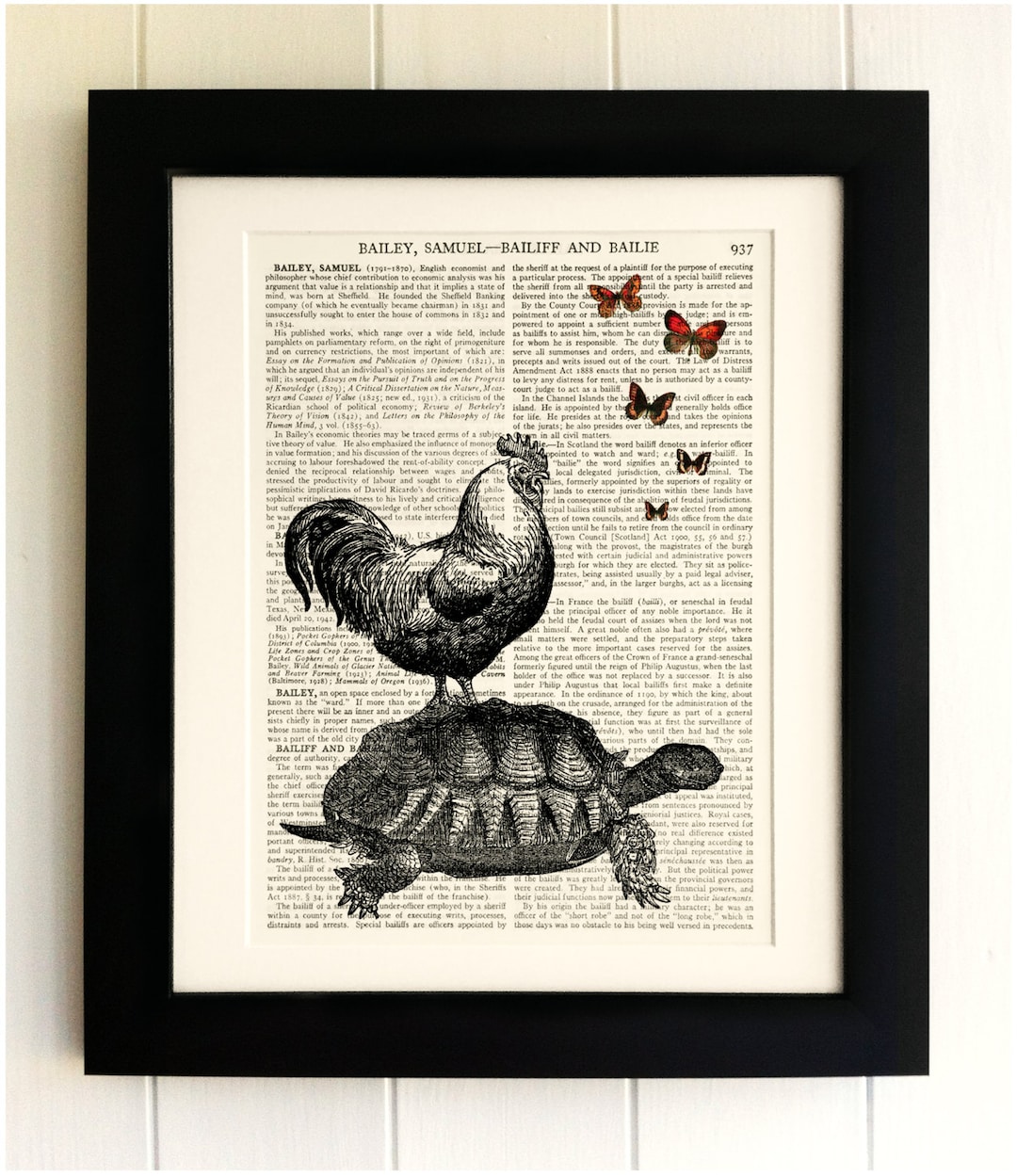 ART PRINT on Old Antique Book Page Chicken on a Tortoise With ...